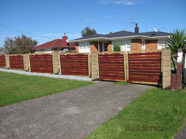 Wooden fence - horizontal slats between block columns (# 135083 ...