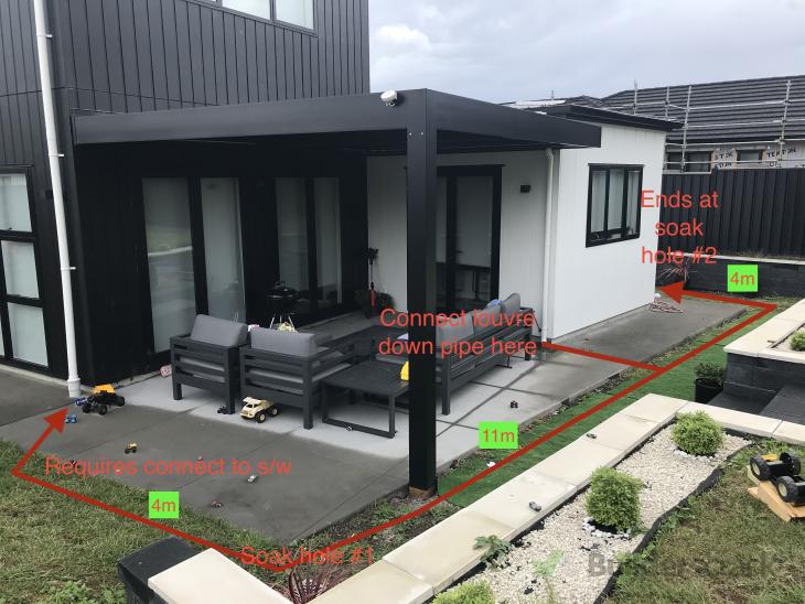 Drainage for 2 Soak Holes, Louvre downpipes, s/w connection. Total ~20m ...